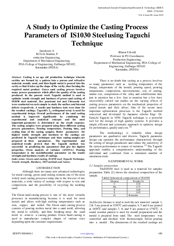 (PDF) A Study to Optimize the Casting Process Parameters of IS1030 ...