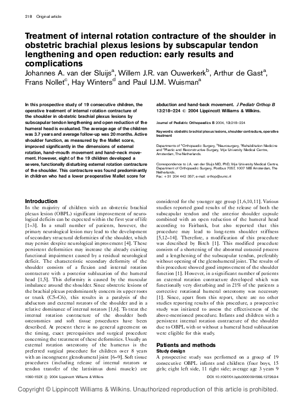 (PDF) Treatment of internal rotation contracture of the shoulder in ...
