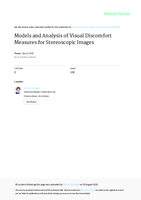 (PDF) Models and Analysis of Visual Discomfort Measures for Stereoscopic Images
