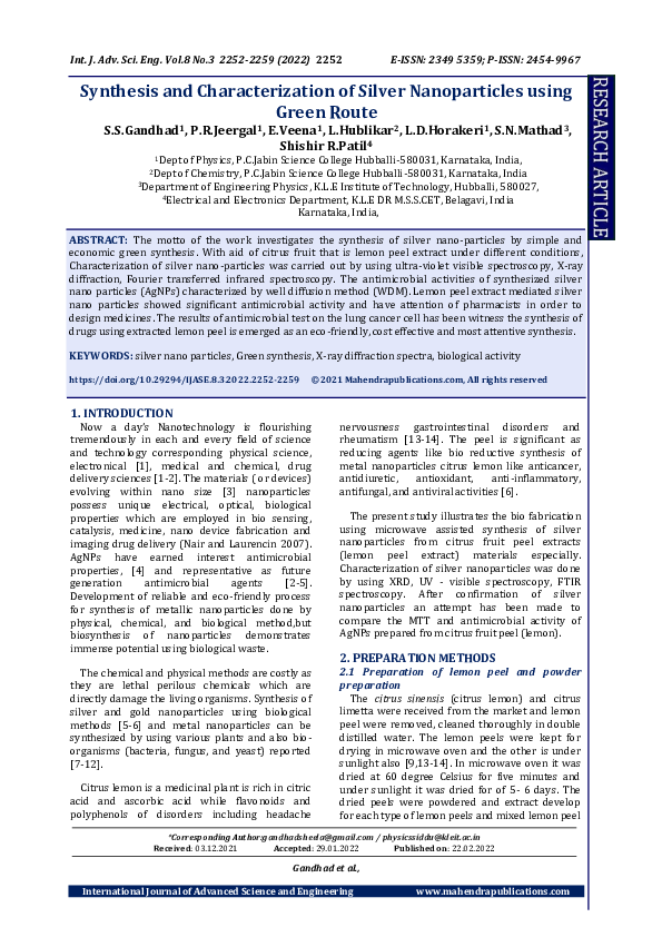 (PDF) Synthesis and Characterization of Silver Nanoparticles using ...