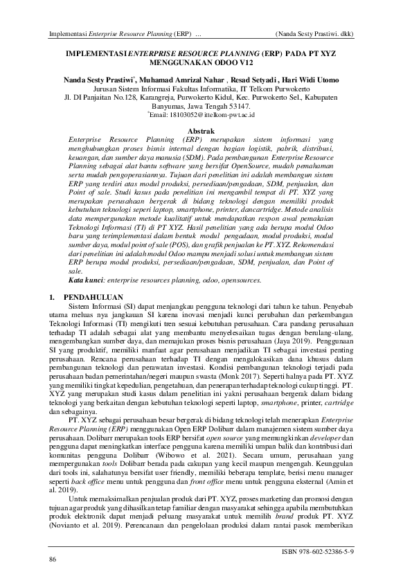 (PDF) Implementasi Enterprise Resource Planning (ERP) Pada PT XYZ Menggunakan Odoo V12 | Muhamad ...