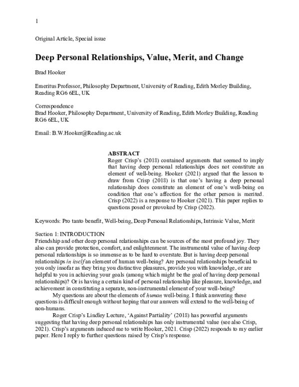 (DOC) Deep Personal Relationships, Value, Merit, and Change