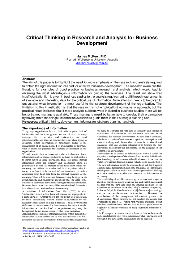 (PDF) Critical Thinking in Research and Analysis for Business Development