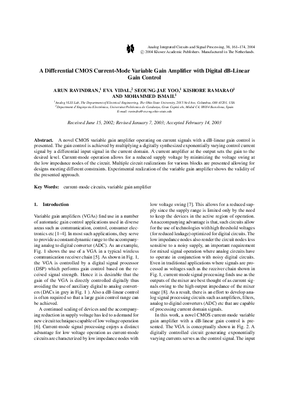 Pdf A Differential Cmos Current Mode Variable Gain Amplifier With Digital Db Linear Gain Control