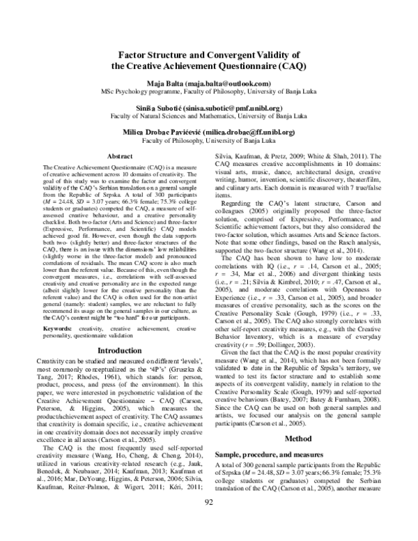 (PDF) Factor Structure and Convergent Validity of the Creative ...