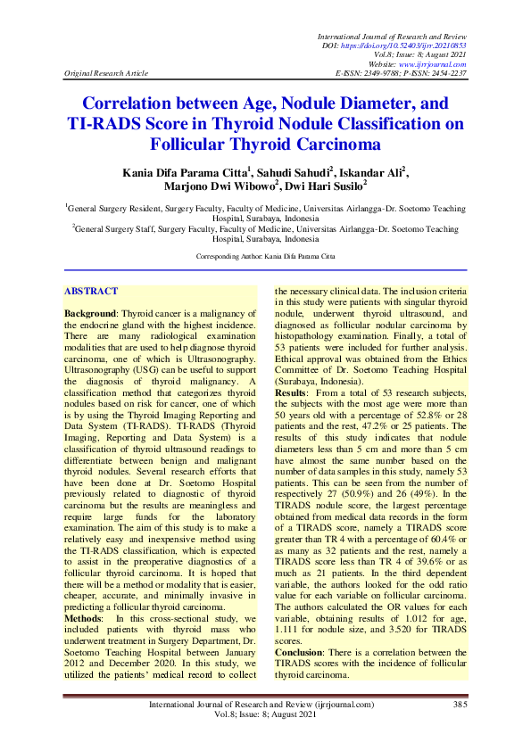 (PDF) Correlation between Age, Nodule Diameter, and TI-RADS Score in ...