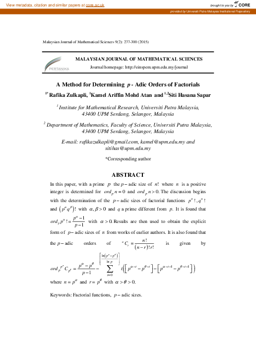 (PDF) A method for determining p-adic orders of factorials