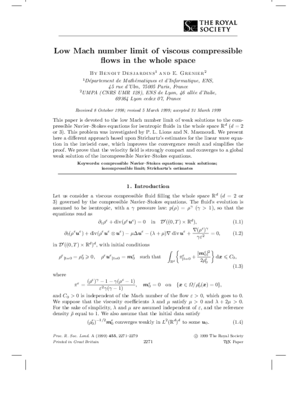 (PDF) Low Mach number limit of viscous compressible flows in the whole space
