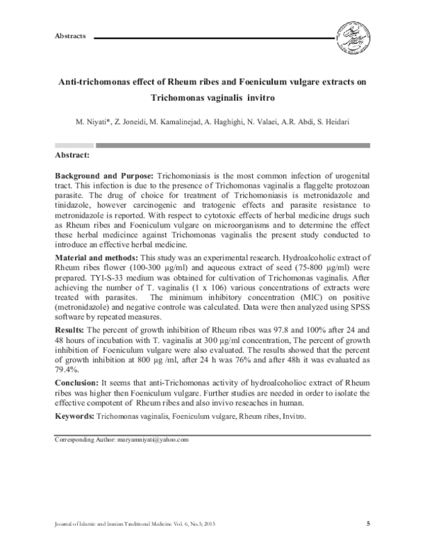 (PDF) Anti-trichomonas effect of Rheum ribes and Foeniculum vulgare ...
