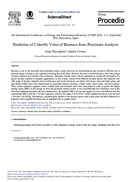 (PDF) Prediction of Calorific Value of Biomass from Proximate Analysis