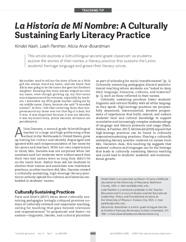 (PDF) La Historia de Mi Nombre : A Culturally Sustaining Early Literacy ...