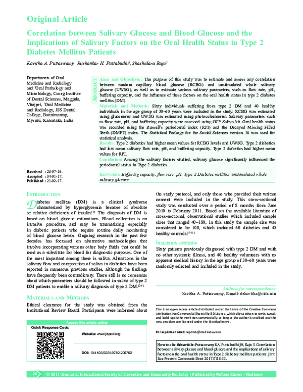 (PDF) Correlation between salivary glucose and blood glucose and the ...
