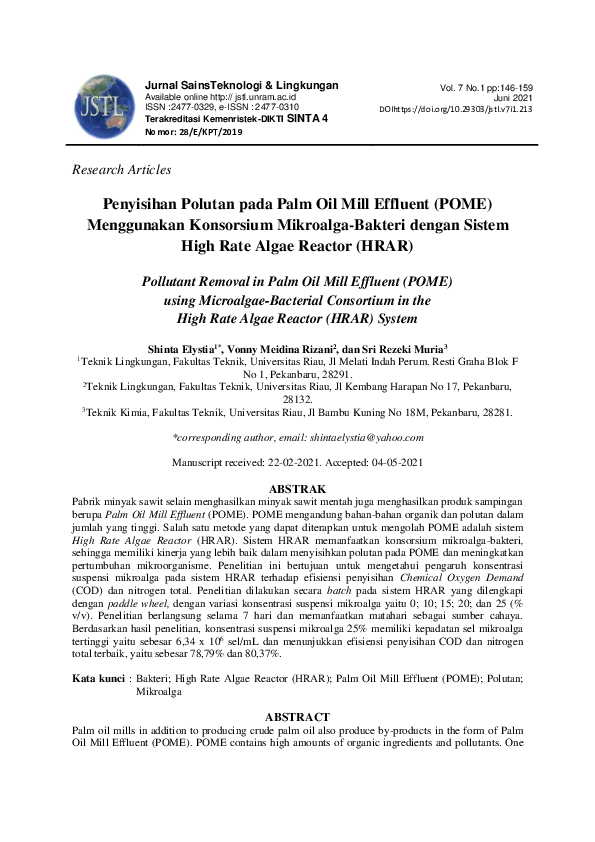 (PDF) Penyisihan Polutan pada Palm Oil Mill Effluent (POME) Menggunakan Konsorsium Mikroalga ...