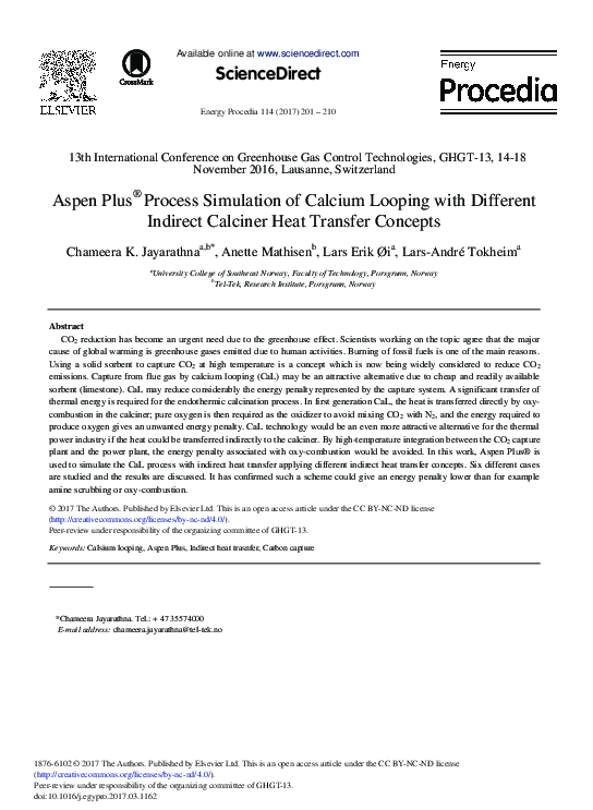 (PDF) Aspen Plus® Process Simulation of Calcium Looping with Different ...