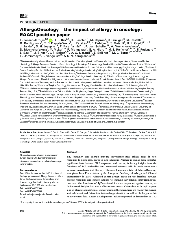 (PDF) AllergoOncology - the impact of allergy in oncology: EAACI position paper