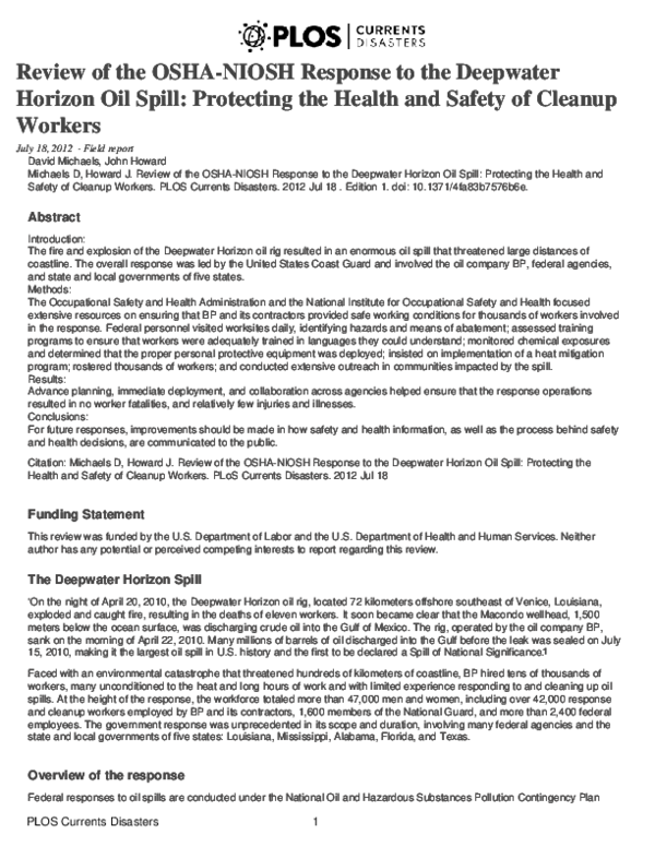 (PDF) Review of the OSHA-NIOSH Response to the Deepwater Horizon Oil ...