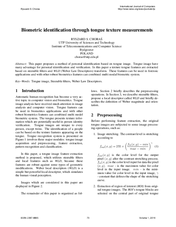 (PDF) Biometric Identification Through Tongue Texture Measurements ...