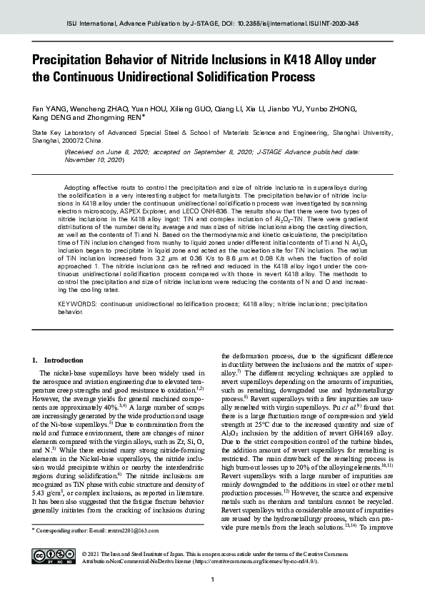 (PDF) Precipitation Behavior of Nitride Inclusions in K418 Alloy under ...