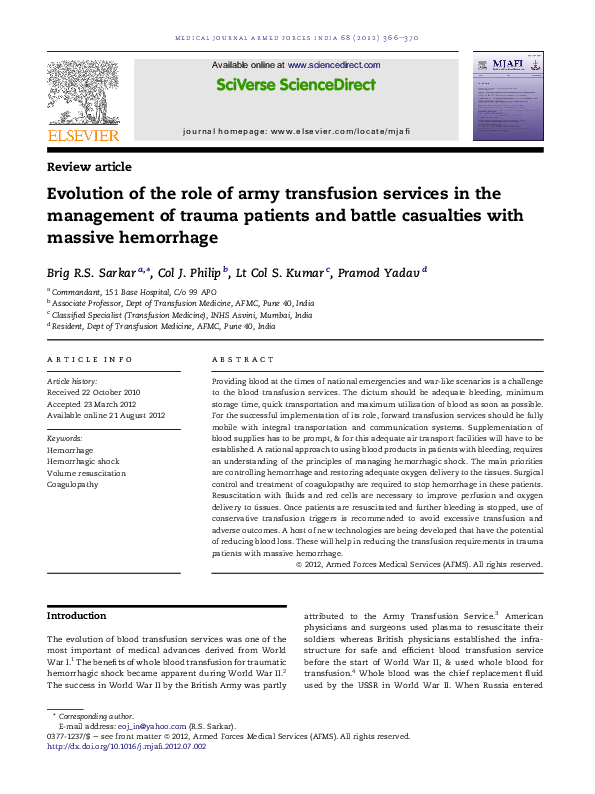 (PDF) Evolution of the role of army transfusion services in the ...