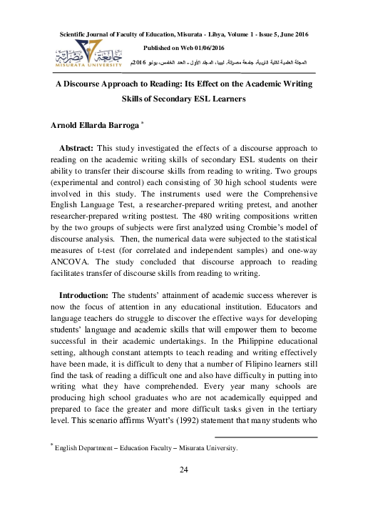 (PDF) A Discourse Approach to Reading: Its Effect on the Academic Writing Skills of Secondary ...