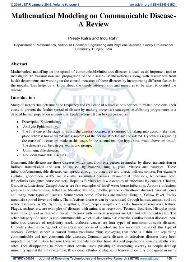 Pdf Mathematical Modeling On Communicable Disease A Review