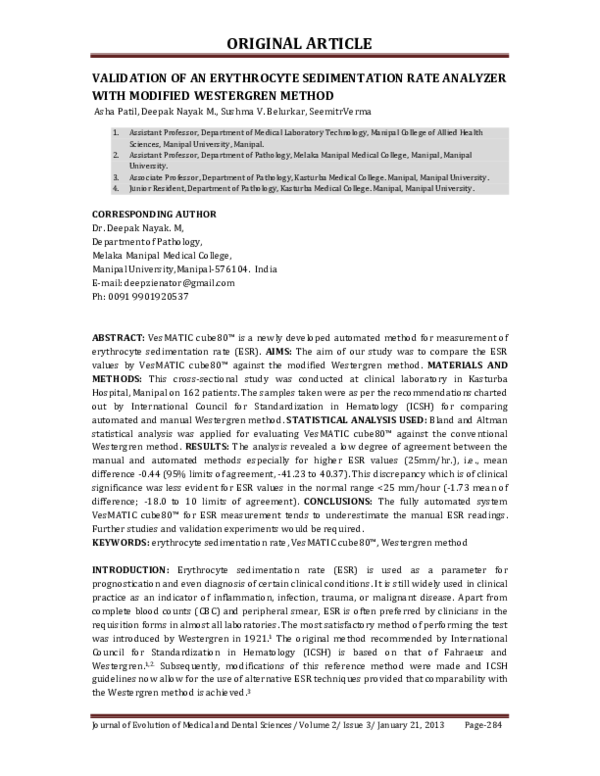 (PDF) Validation of an Erythrocyte Sedimentation Rate Analyzer with ...