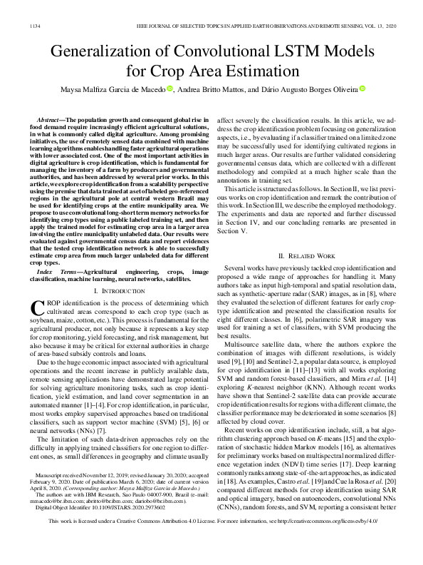 Pdf Generalization Of Convolutional Lstm Models For Crop Area Estimation