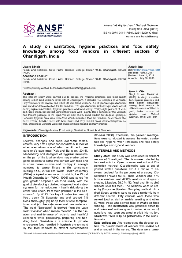 (PDF) A study on sanitation, hygiene practices and food safety knowledge among food vendors in ...