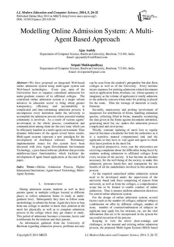 Pdf Modelling Online Admission System A Multi Agent Based Approach