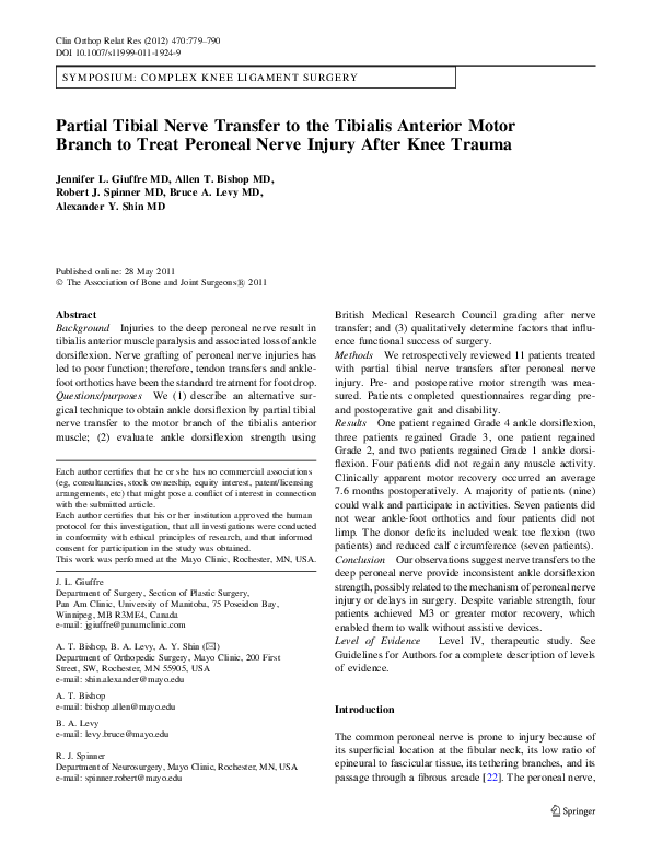(PDF) Partial Tibial Nerve Transfer to the Tibialis Anterior Motor ...