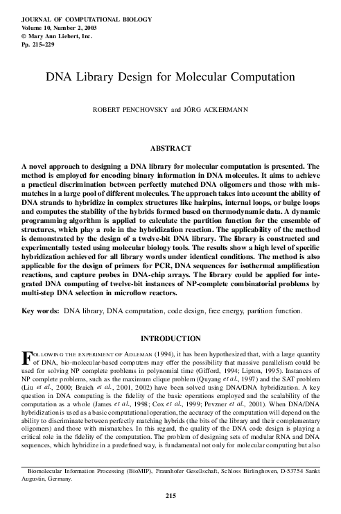 (PDF) DNA Library Design for Molecular Computation