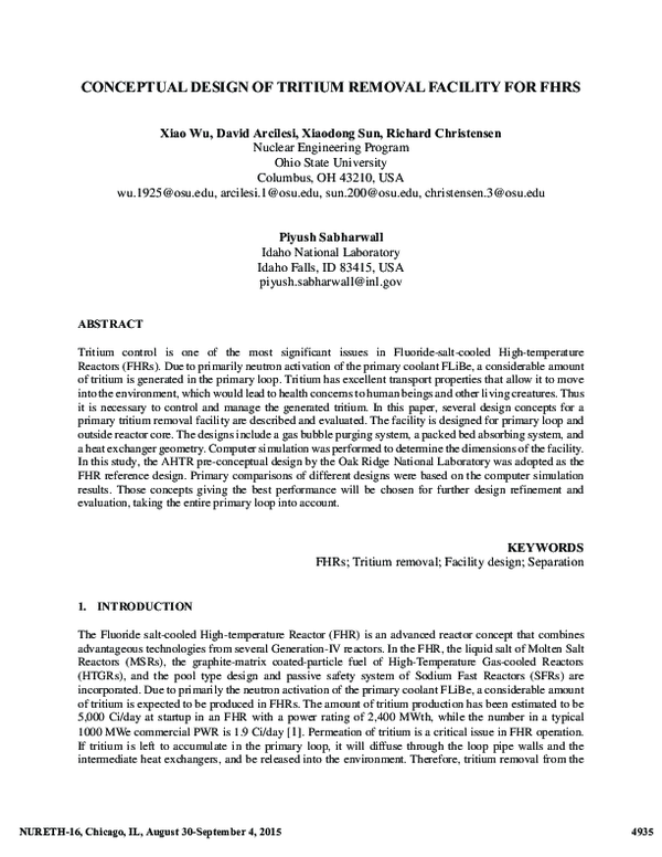(PDF) Conceptual design of tritium removal facility for FHRs