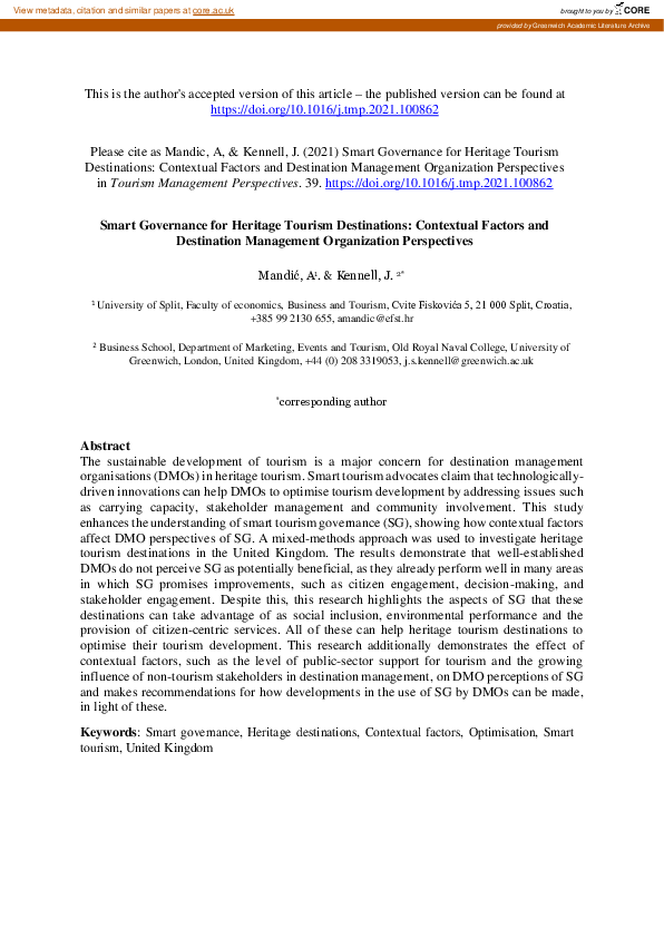 (PDF) Smart governance for heritage tourism destinations: Contextual ...