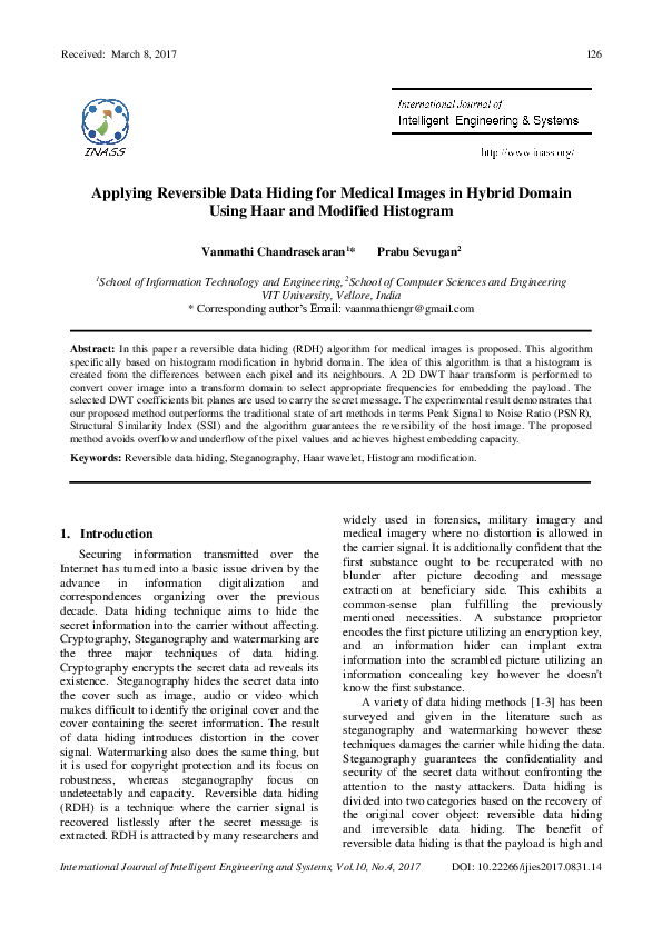 Pdf Applying Reversible Data Hiding For Medical Images In Hybrid Domain Using Haar And