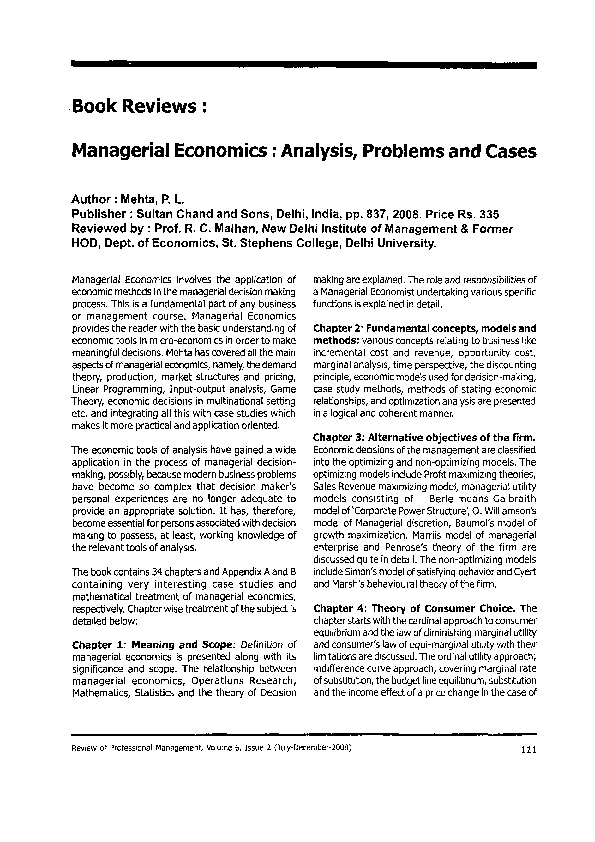 (PDF) Managerial Economics: Analysis, Problems and Cases
