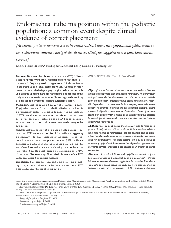 (PDF) Endotracheal tube malposition within the pediatric population: a ...
