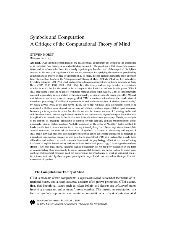 Pdf Symbol And Computation A Critique Of The Computational Theory Of Mind