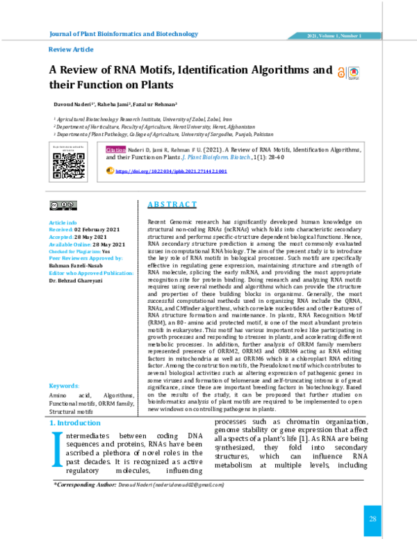 (PDF) A Review of RNA Motifs, Identification Algorithms and their Function on Plants