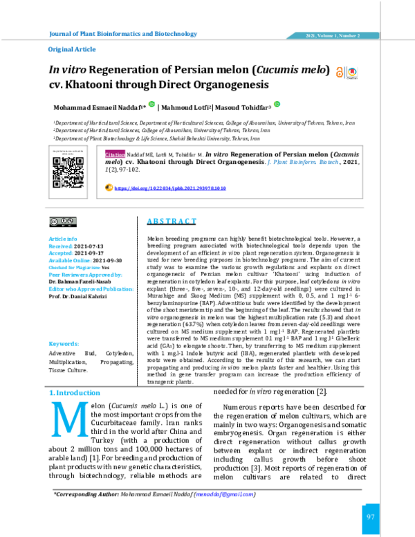 (PDF) In vitro Regeneration of Persian Melon (Cucumis melo) CV ...