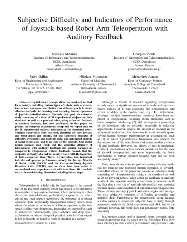 Pdf Subjective Difficulty And Indicators Of Performance Of Joystick Based Robot Arm