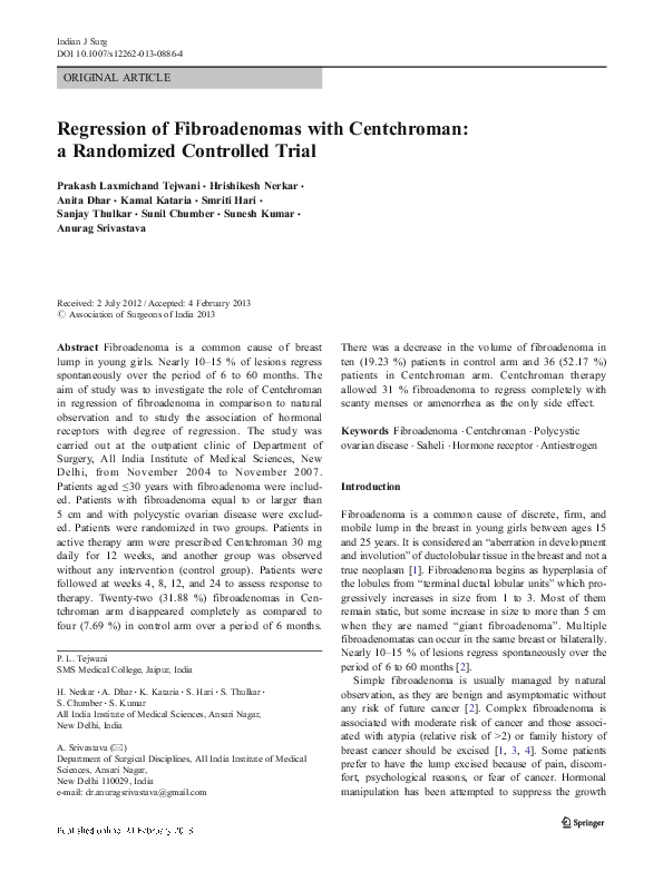 (PDF) Regression of Fibroadenomas with Centchroman: a Randomized ...