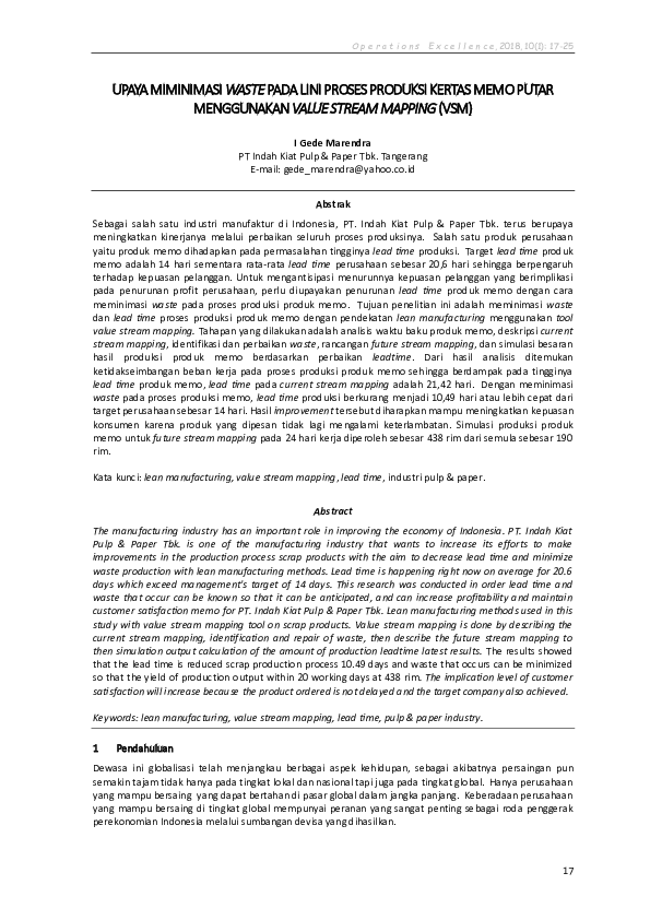 (PDF) Upaya Miminimasi Waste Pada Lini Proses Produksi Kertas Memo Putar Menggunakan Value ...