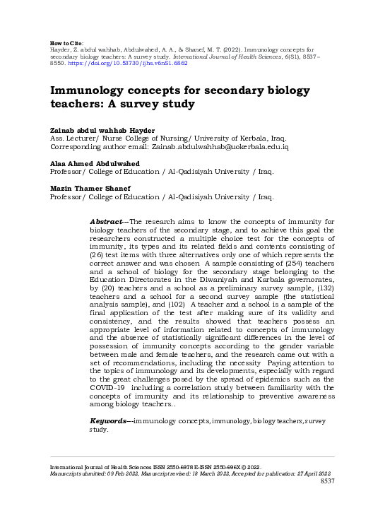 (PDF) Immunology concepts for secondary biology teachers: A survey study