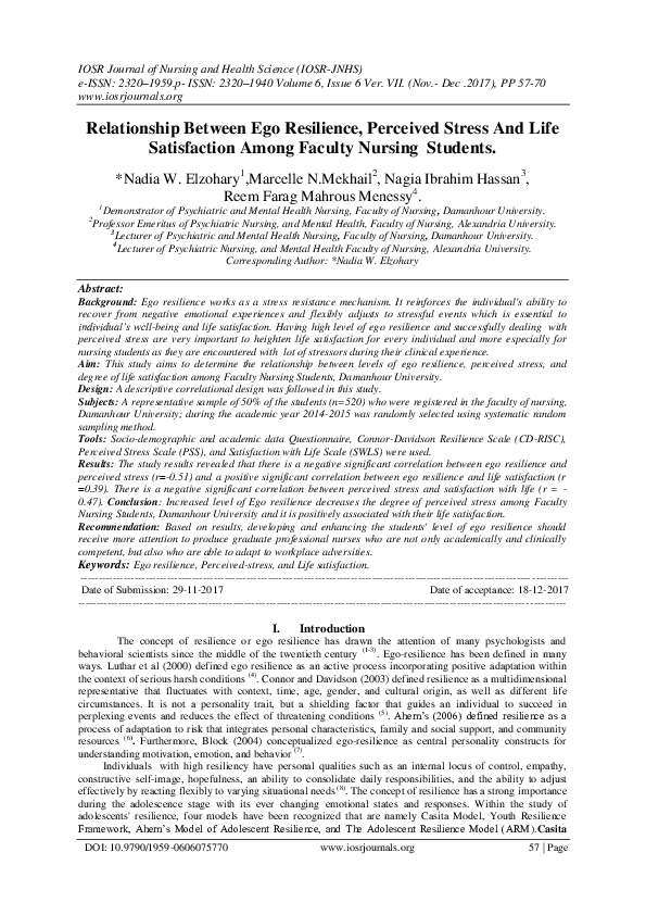 (PDF) Relationship Between Ego Resilience , Perceived Stress And Life Satisfaction Among Faculty ...