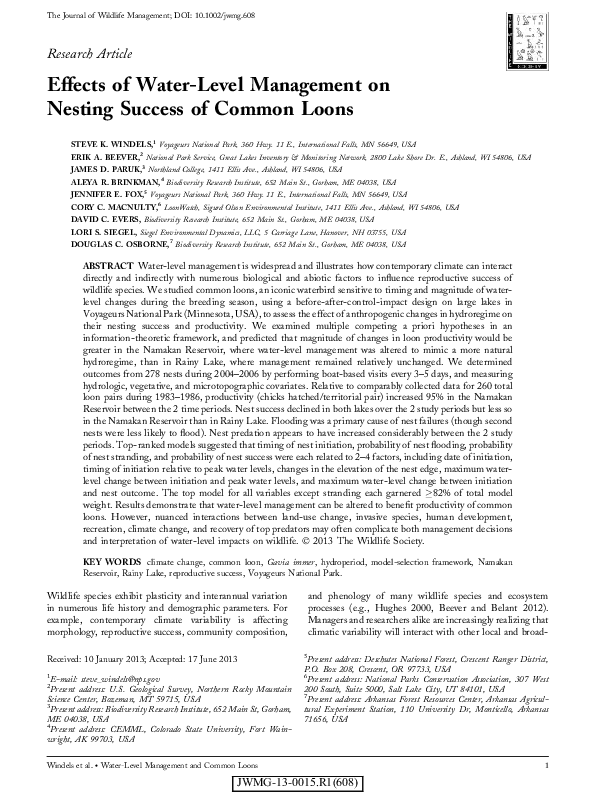 (PDF) Effects of water-level management on nesting success of common loons