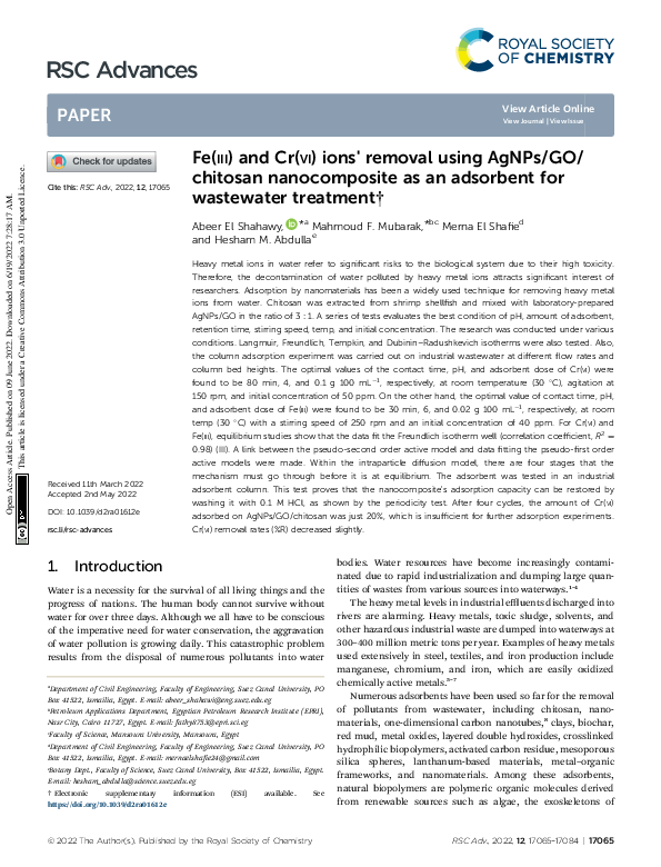 (PDF) Fe(iii) and Cr(vi) ions' removal using AgNPs/GO/chitosan nanocomposite as an adsorbent for ...