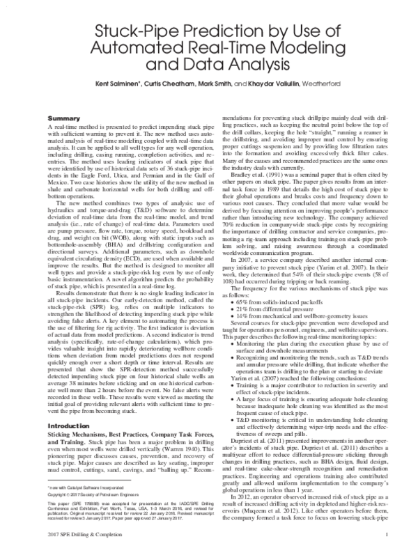 (PDF) Stuck-Pipe Prediction by Use of Automated Real-Time Modeling and Data Analysis