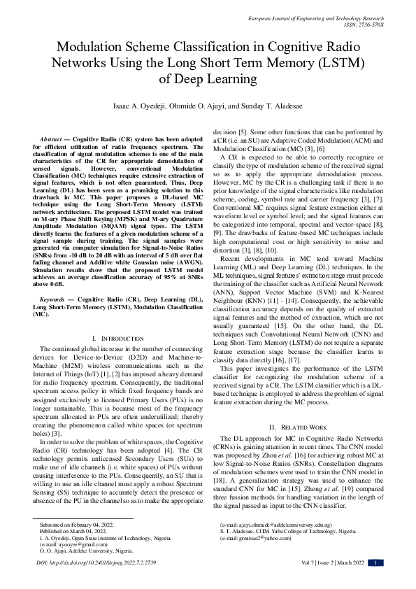 (PDF) Modulation Scheme Classification in Cognitive Radio Networks Using the Long Short Term ...