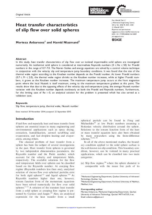 (PDF) Heat transfer characteristics of slip flow over solid spheres