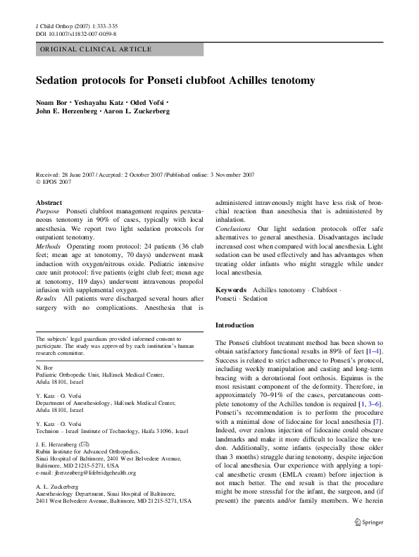 (PDF) Sedation protocols for Ponseti clubfoot Achilles tenotomy